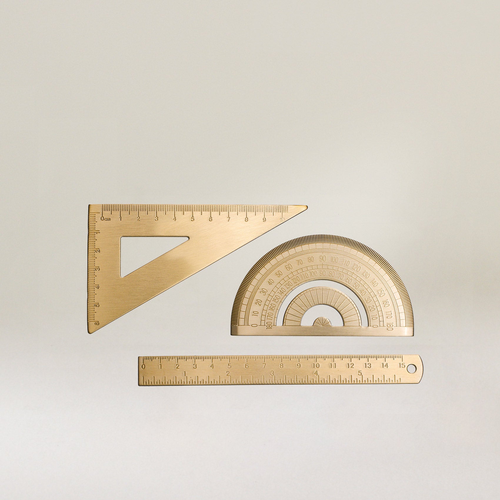 Brass Geometry Set of 3 - Brass Protractor, Setsquare, Ruler – Roarcraft